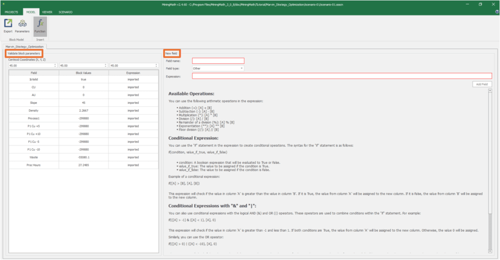 Model Tab - MiningMath
